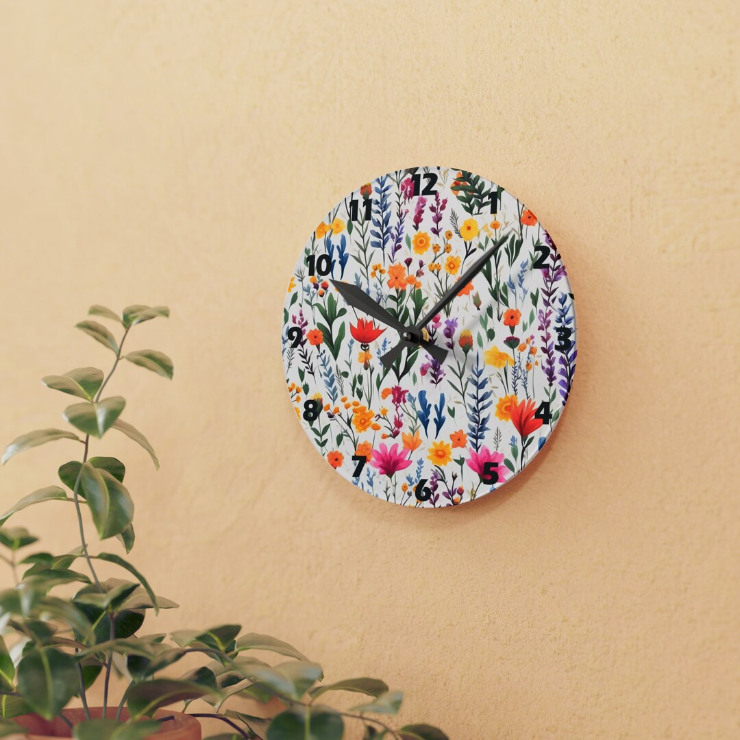 Wildflower Acrylic Wall Clock, Country Floral Timepiece, Unique Wall ...