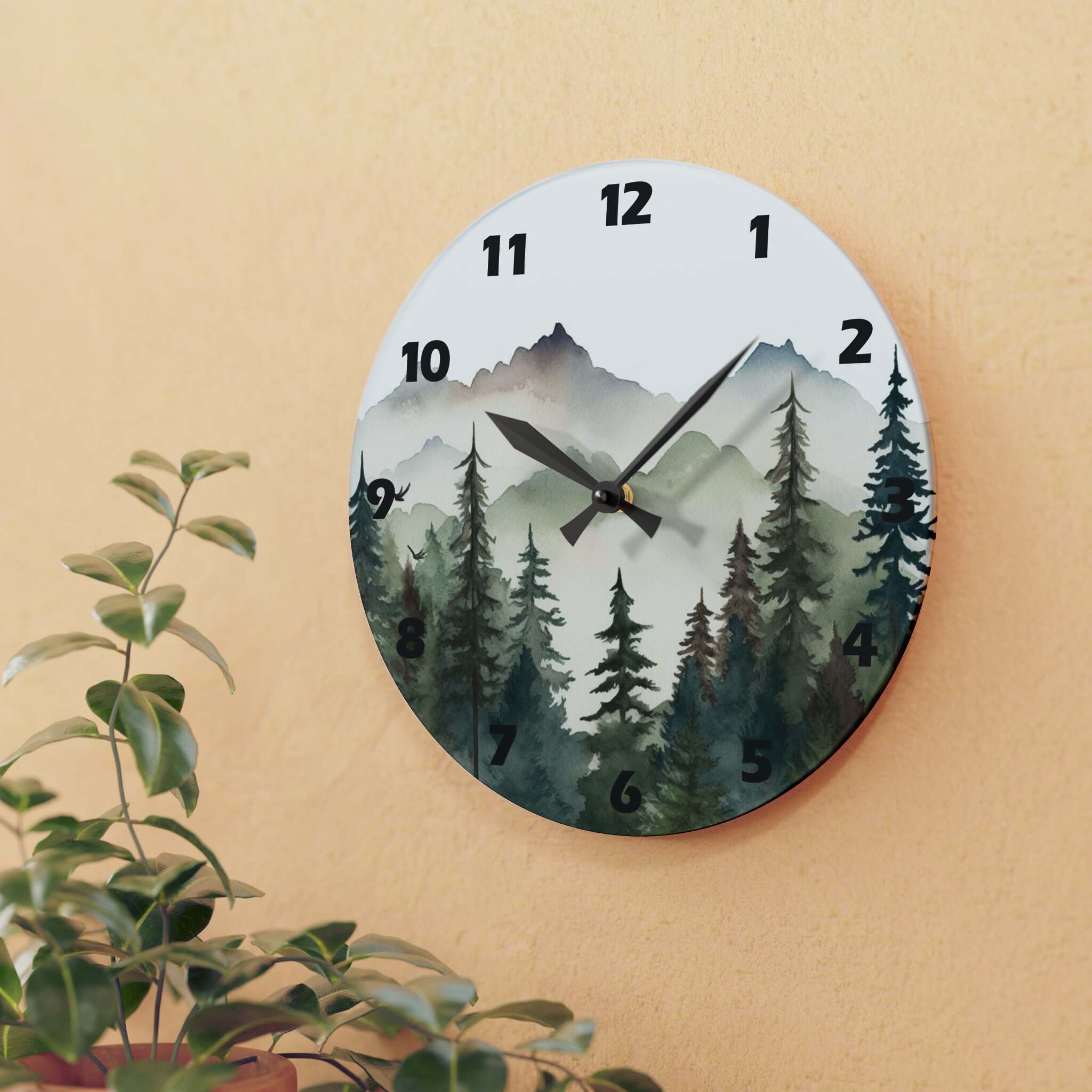 Watercolor Forest Wall Clock With Numbers Misty Forest Foggy - Etsy