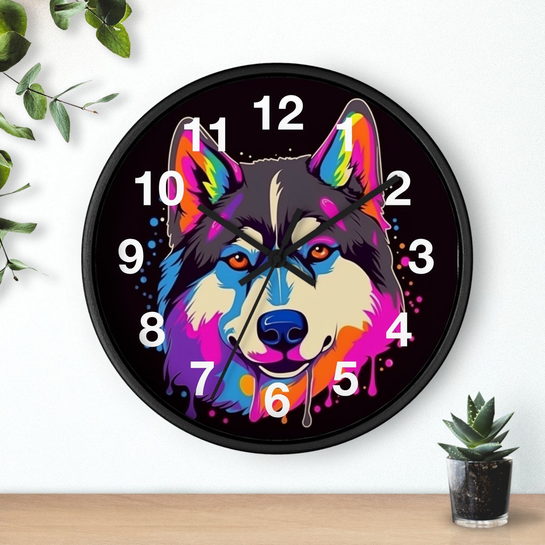 Neon Husky Clock With Low Poly Design Modern Wall Art Silent - Etsy