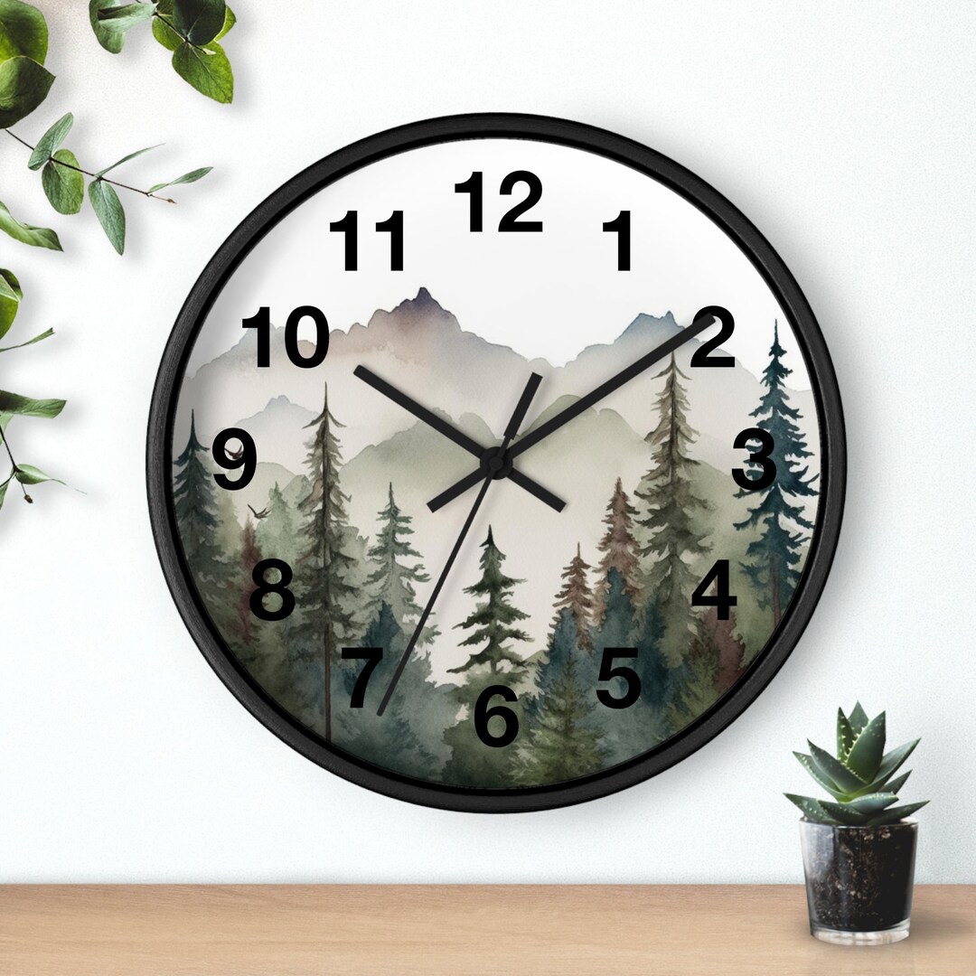 Watercolor Pine Trees and Mountains Wall Clock With Numbers, Foggy ...