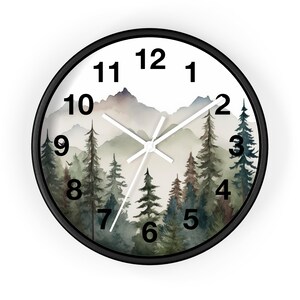 Watercolor Pine Trees and Mountains Wall Clock With Numbers, Foggy ...