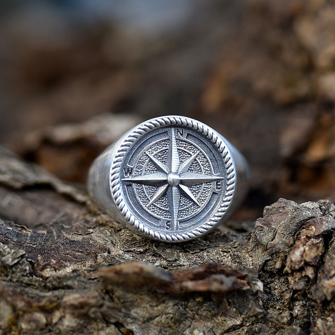 Compass Silver Signet Ring, 925 Silver Statement Ring - Etsy