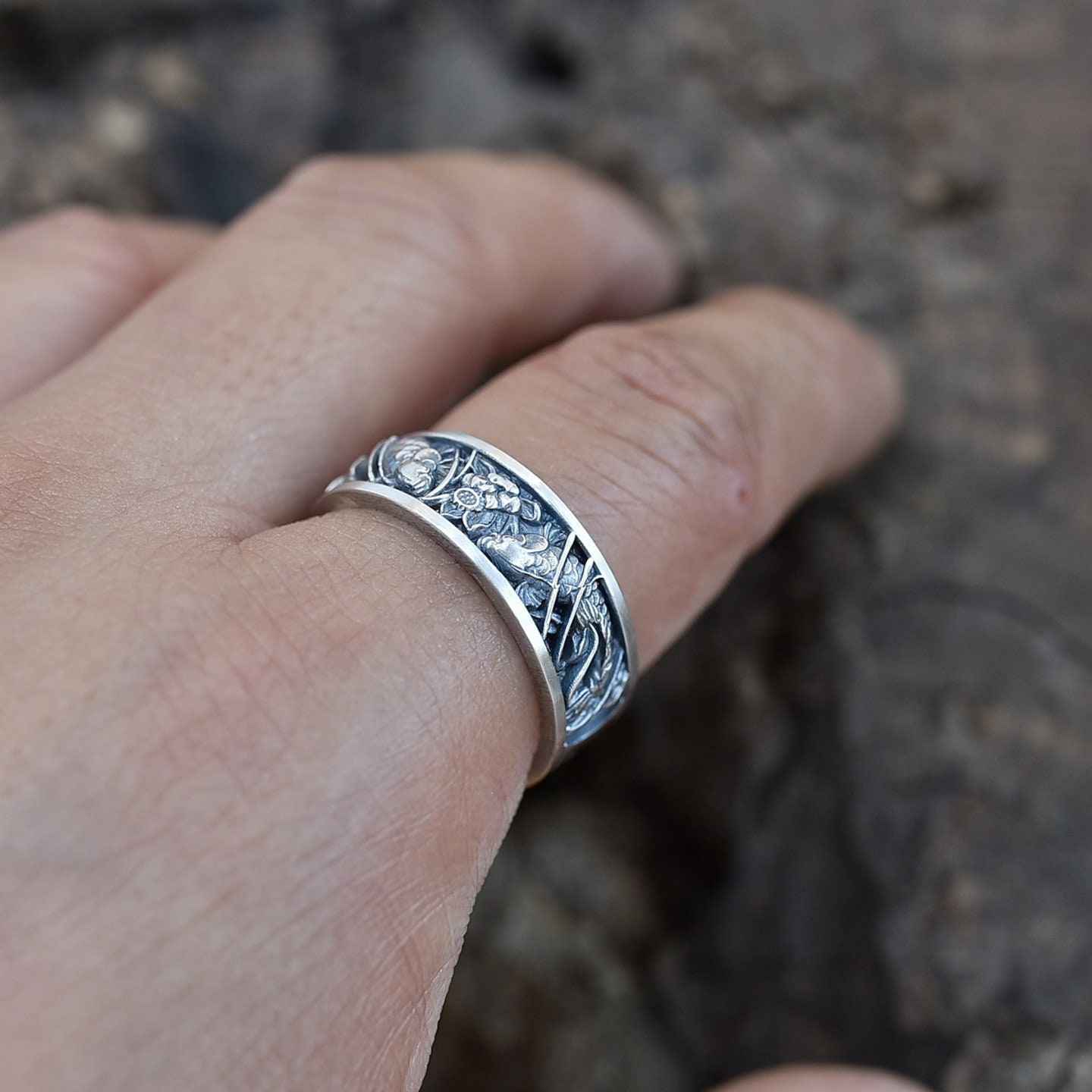 Japanese Lotus Flower and Carp Ornamental Men's Band Ring, Sterling ...