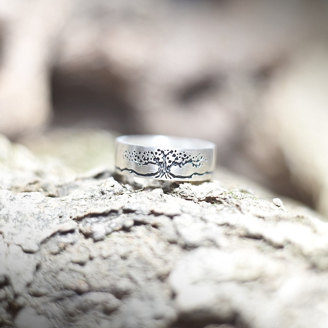 Tree of Life Engraved Silver Band Ring, Nature Inspired Ring ...