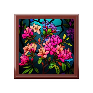 Azalea Jewelry Box, Keepsake Box - Wood & Ceramic Tile Top - Bright ...