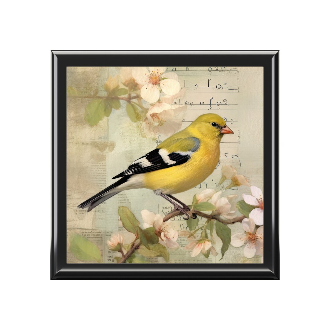 Goldfinch Jewelry Box, Keepsake Box Wood & Ceramic Tile Top Floral ...