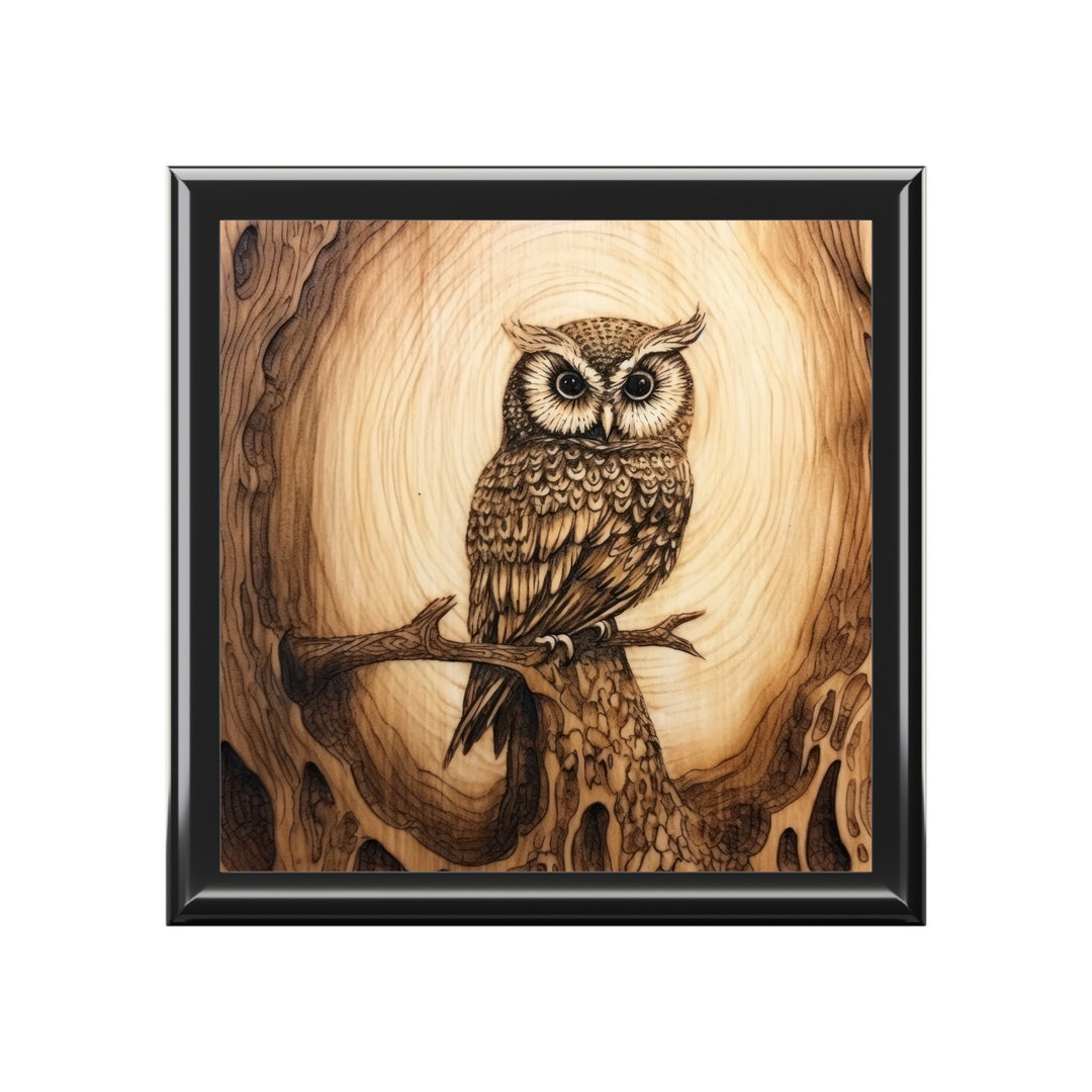 Owl Jewelry Box, Keepsake Box - Wood & Ceramic Tile Top, Owl Wood Grain ...