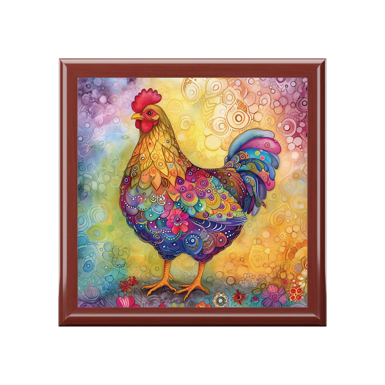 Bright Rooster Jewelry Box, Keepsake Box - Wood & Ceramic Tile Top ...