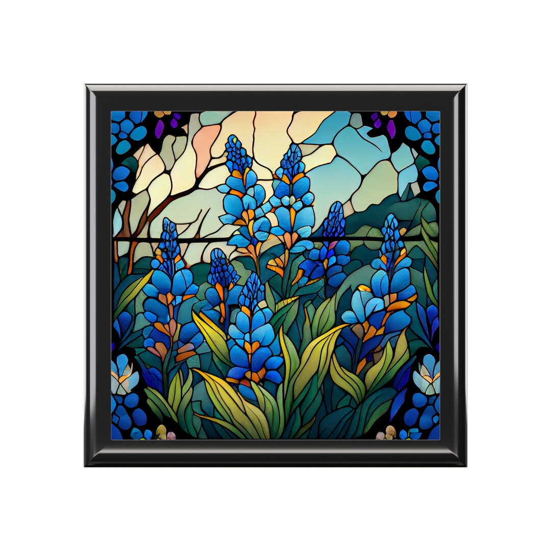Bluebonnet Jewelry Box, Keepsake Box - Wood & Ceramic Tile Top - Blue ...