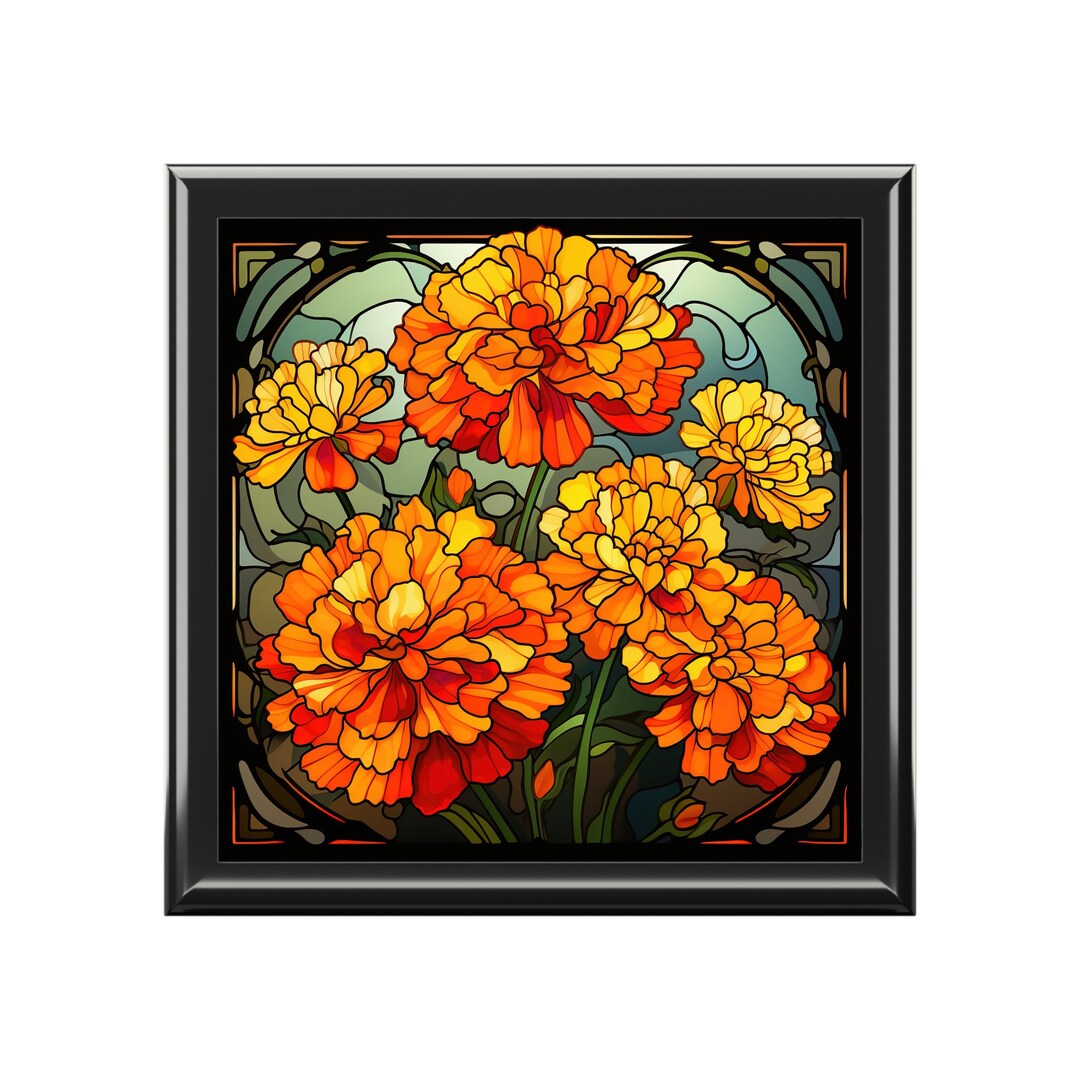 Marigolds Jewelry Box, Keepsake Box - Wood & Ceramic Tile Top - Floral ...