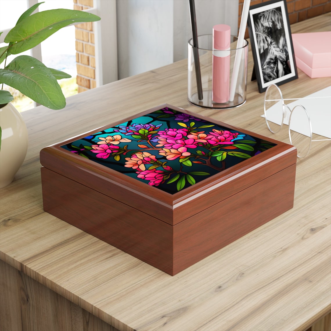 Azalea Jewelry Box, Keepsake Box - Wood & Ceramic Tile Top - Bright ...
