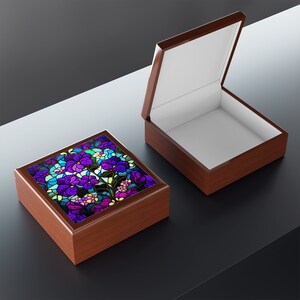 Violets Jewelry Box, Keepsake Box - Wood & Ceramic Tile Top - Purple ...