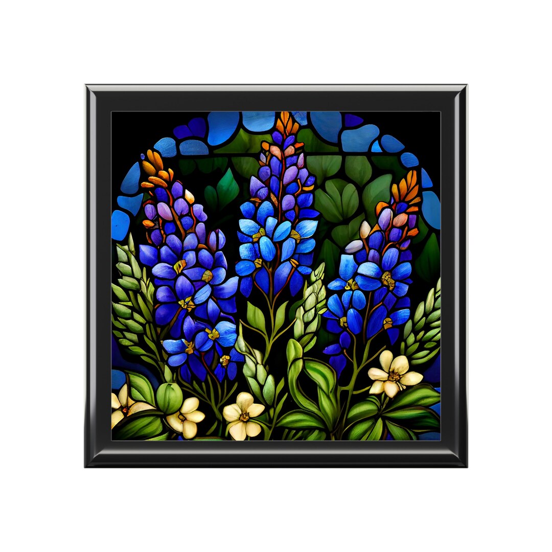 Bluebonnet Jewelry Box, Keepsake Box - Wood & Ceramic Tile Top - Deep ...