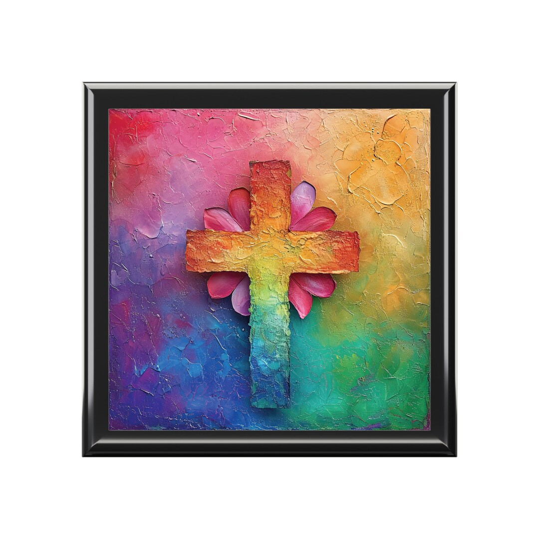 Cross Jewelry Box, Keepsake Box - Wood & Ceramic Tile Top - Rainbow Art ...