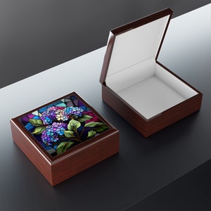 Hydrangea Jewelry Box, Keepsake Box - Wood & Ceramic Tile Top - Blue ...