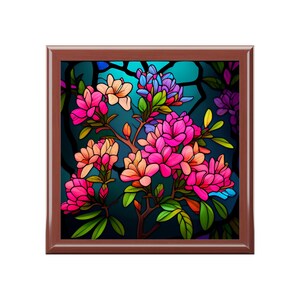 Azalea Jewelry Box, Keepsake Box Wood & Ceramic Tile Top Bright Floral ...