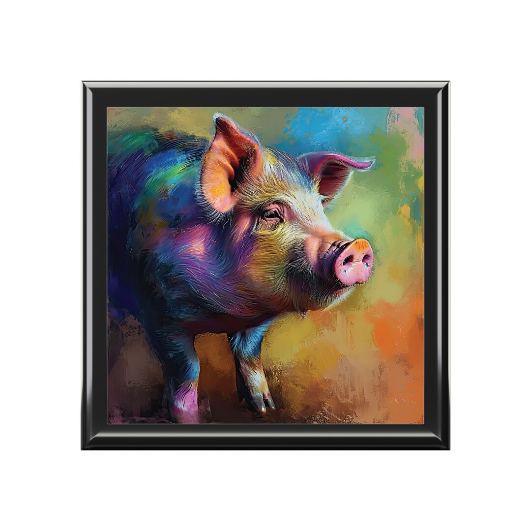 Pig Jewelry Box, Keepsake Box - Wood & Ceramic Tile Top - Rainbow ...