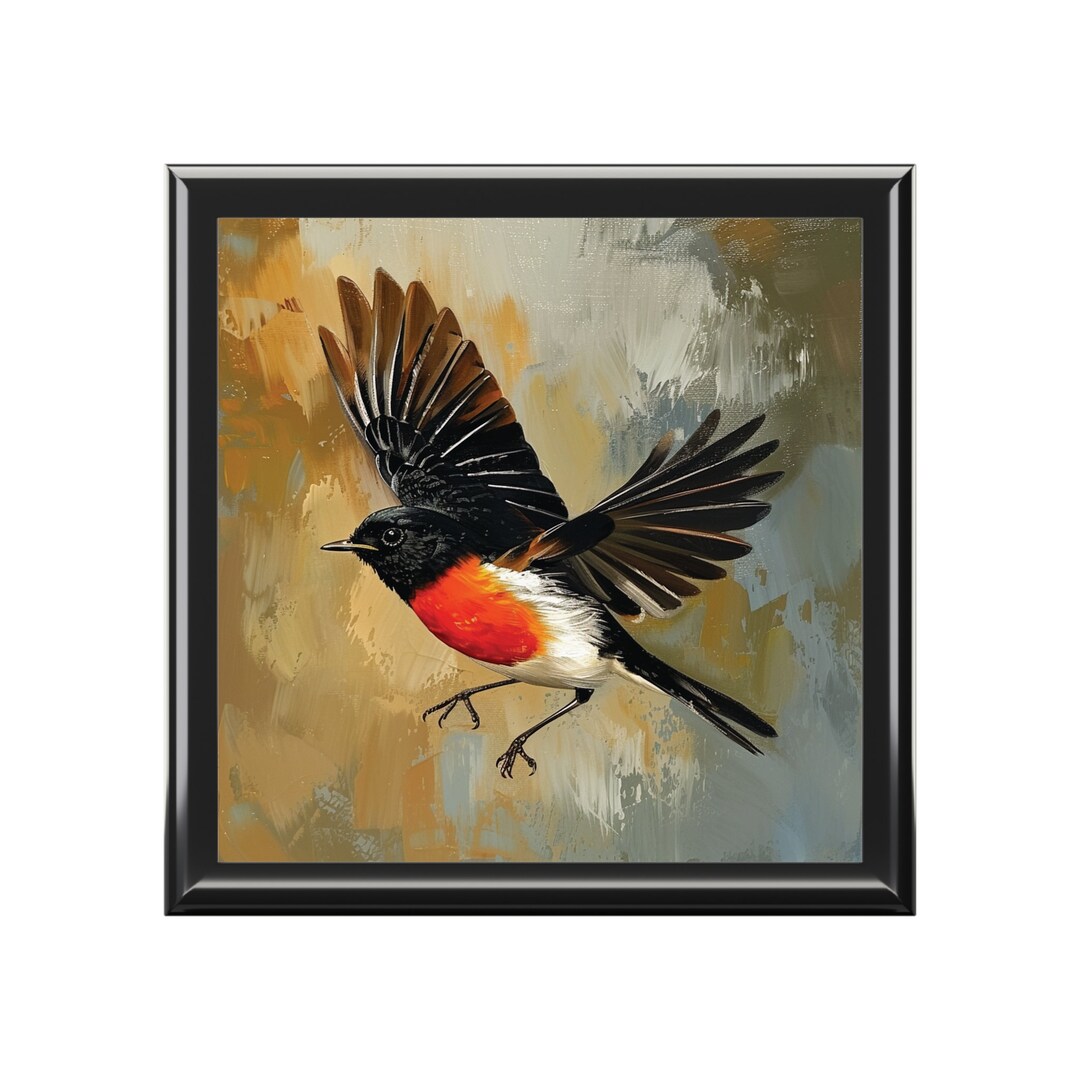 Painted Redstart Jewelry Box, Keepsake Box Wood & Ceramic Tile Top ...
