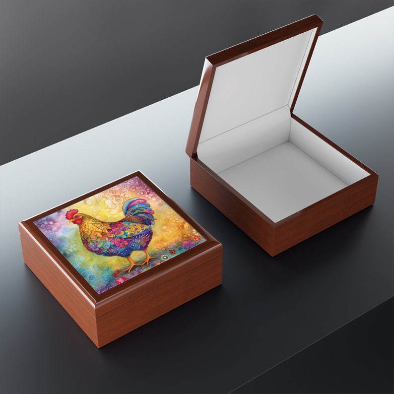Bright Rooster Jewelry Box, Keepsake Box - Wood & Ceramic Tile Top ...