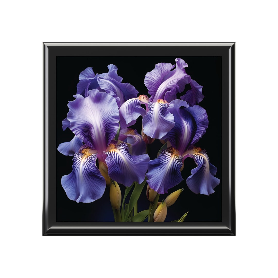 Purple Iris Jewelry Box, Keepsake Box - Wood & Ceramic Tile Top ...