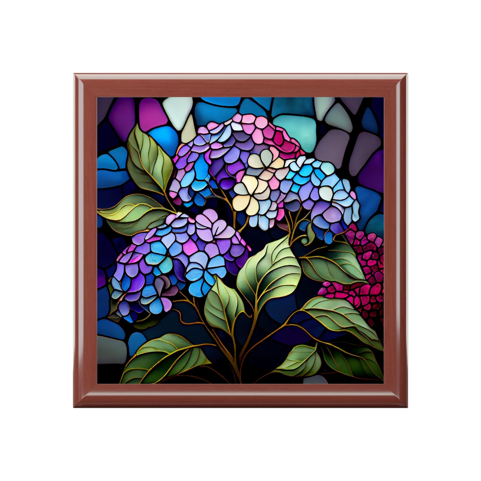 Hydrangea Jewelry Box, Keepsake Box - Wood & Ceramic Tile Top - Blue ...