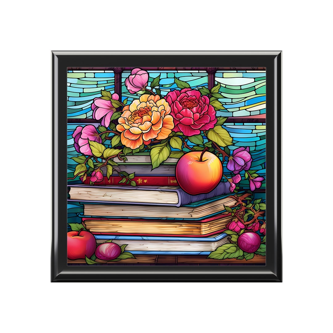 Apple Jewelry Box, Keepsake Box Wood & Ceramic Tile Top Faux Stained ...