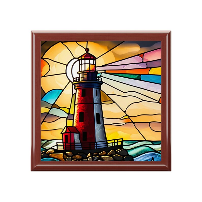 Lighthouse Jewelry Box, Keepsake Box - Wood & Ceramic Tile Top ...