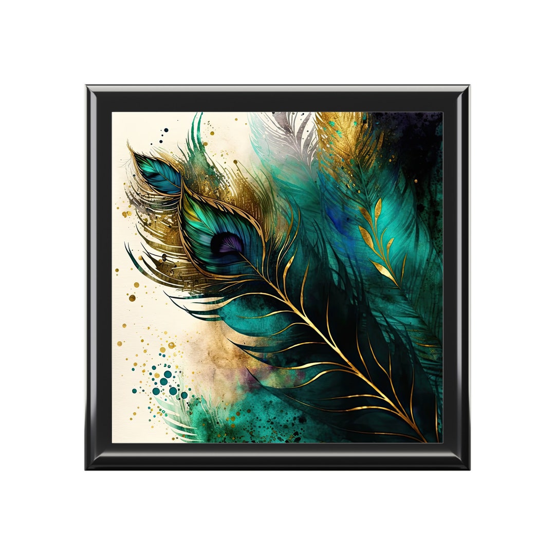 Peacock Jewelry Keepsake Box Wood & Ceramic Tile Top Peacock Feather Flurry, Gift for Peacock ...