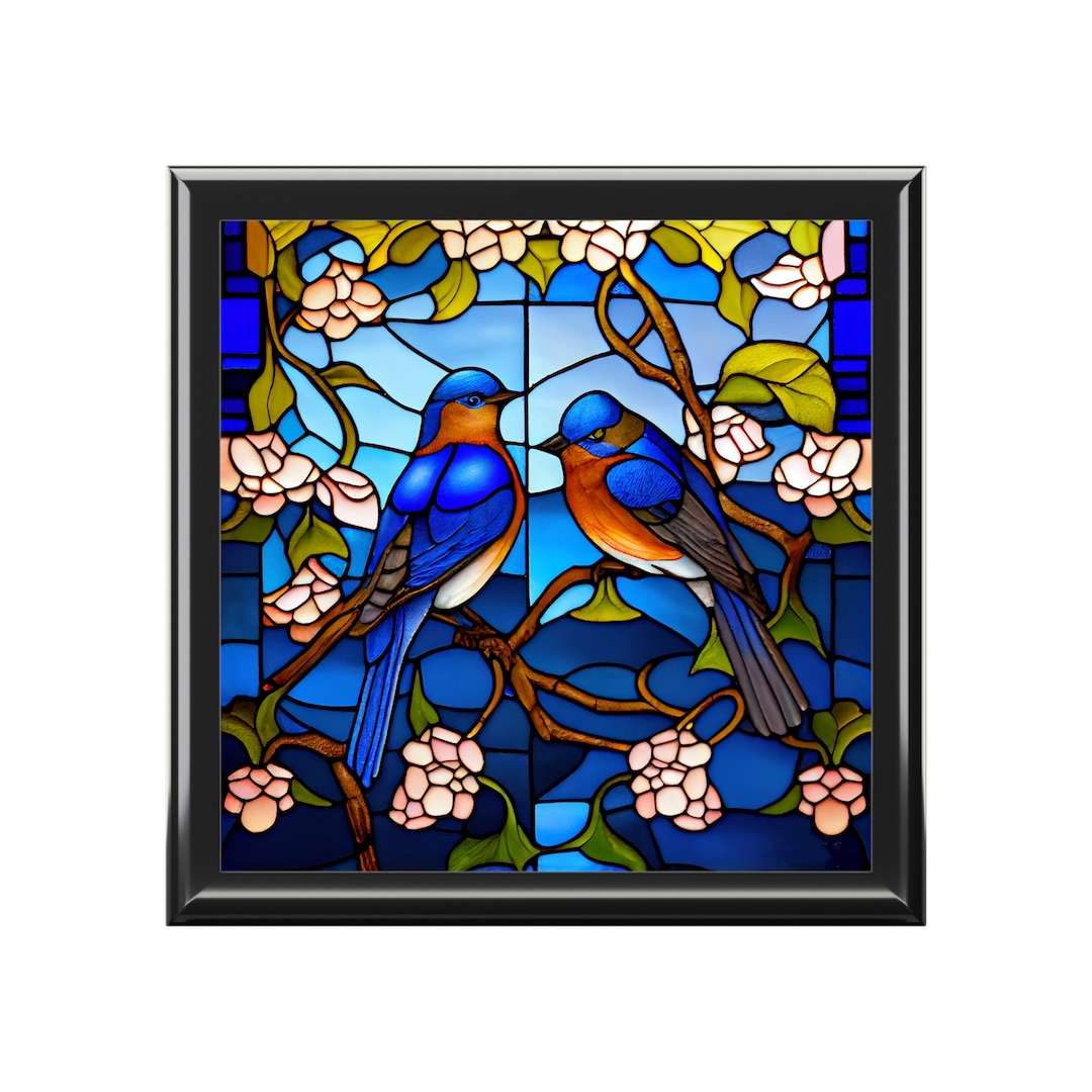 Bluebirds Jewelry Box, Keepsake Box - Wood & Ceramic Tile Top - Faux ...