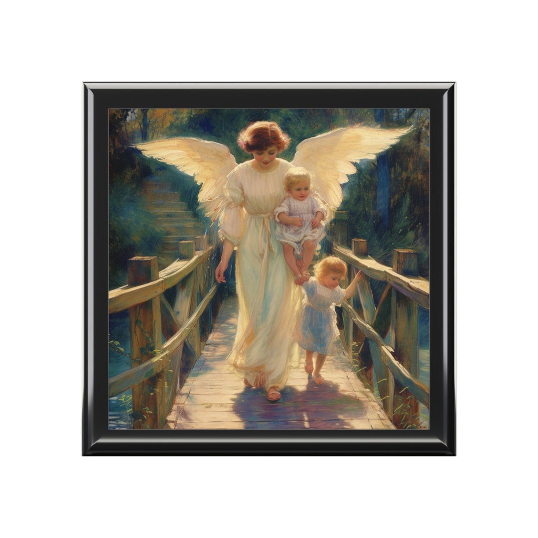 Carrying Angel Jewelry Box, Keepsake Box - Wood & Ceramic Tile Top ...