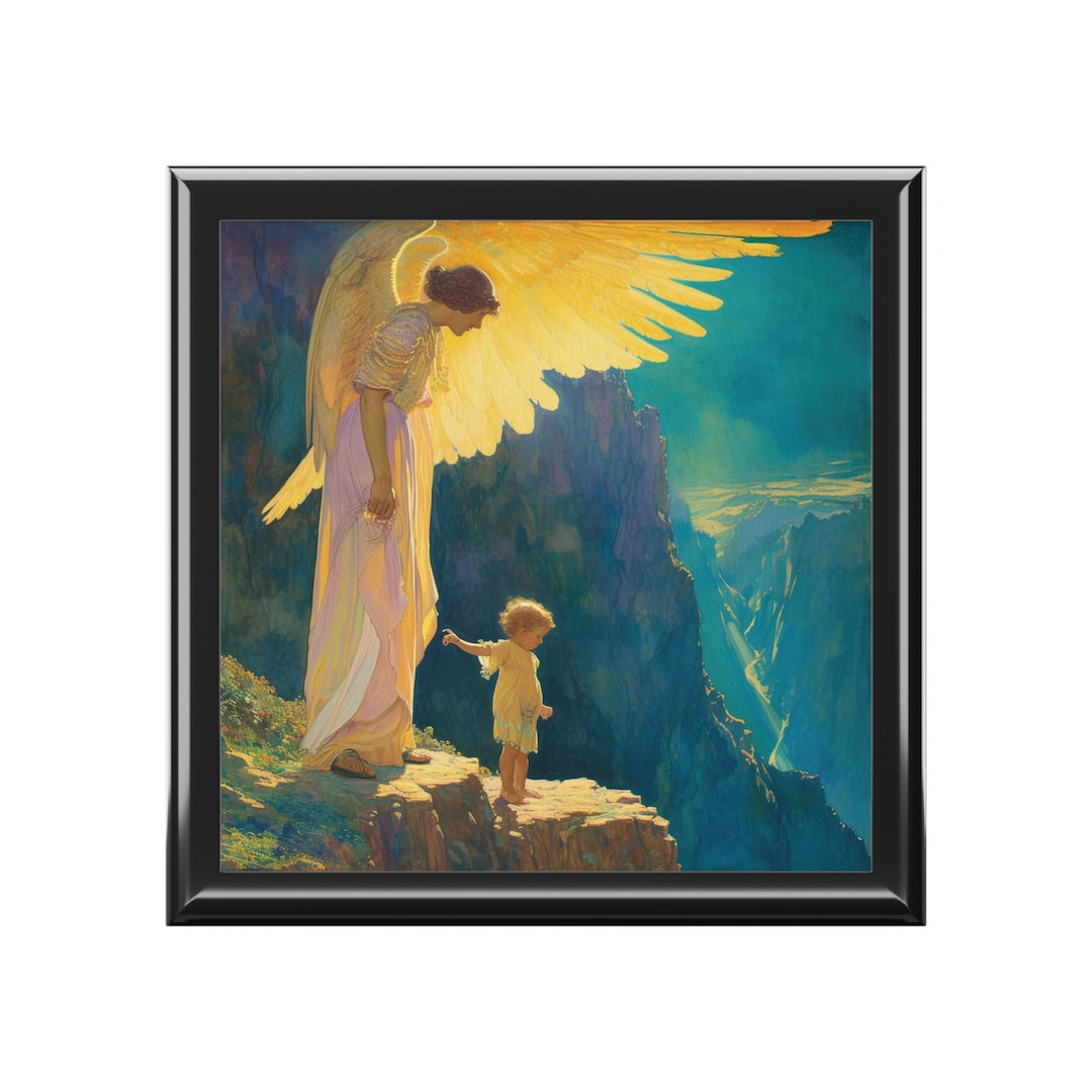 Cliff Guardian Angel Jewelry Box, Keepsake Box - Wood & Ceramic Tile ...