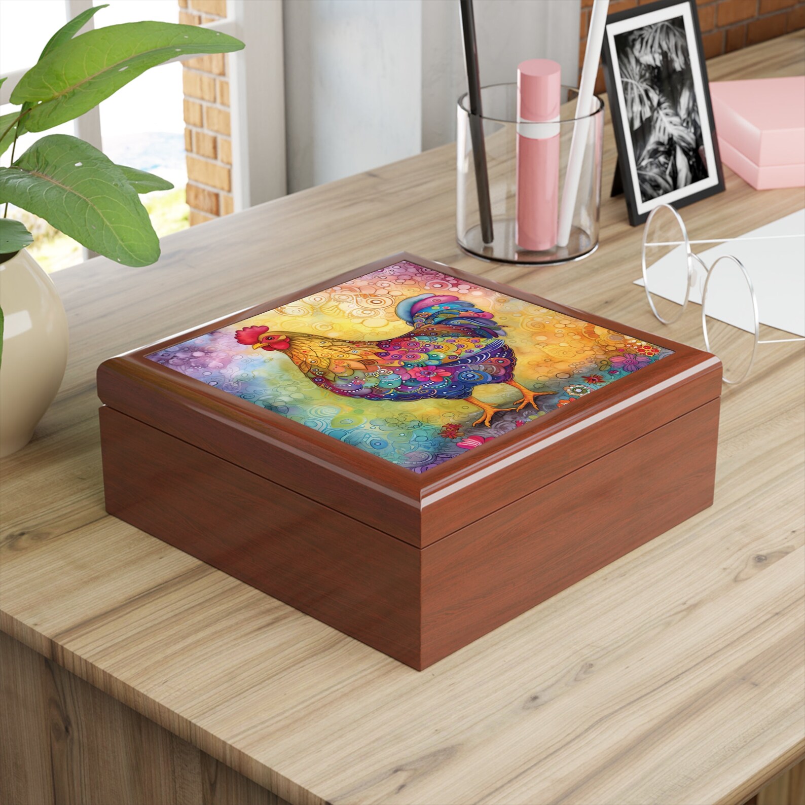 Bright Rooster Jewelry Box, Keepsake Box - Wood & Ceramic Tile Top ...