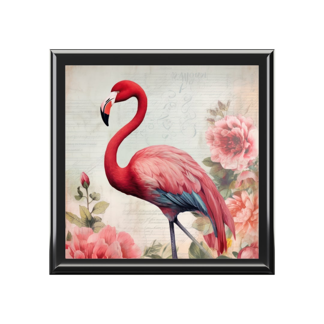Flamingo Jewelry Box, Keepsake Box - Wood & Ceramic Tile Top - Vintage ...