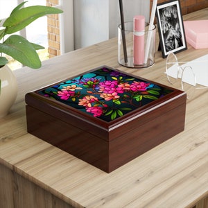 Azalea Jewelry Box, Keepsake Box - Wood & Ceramic Tile Top - Bright ...