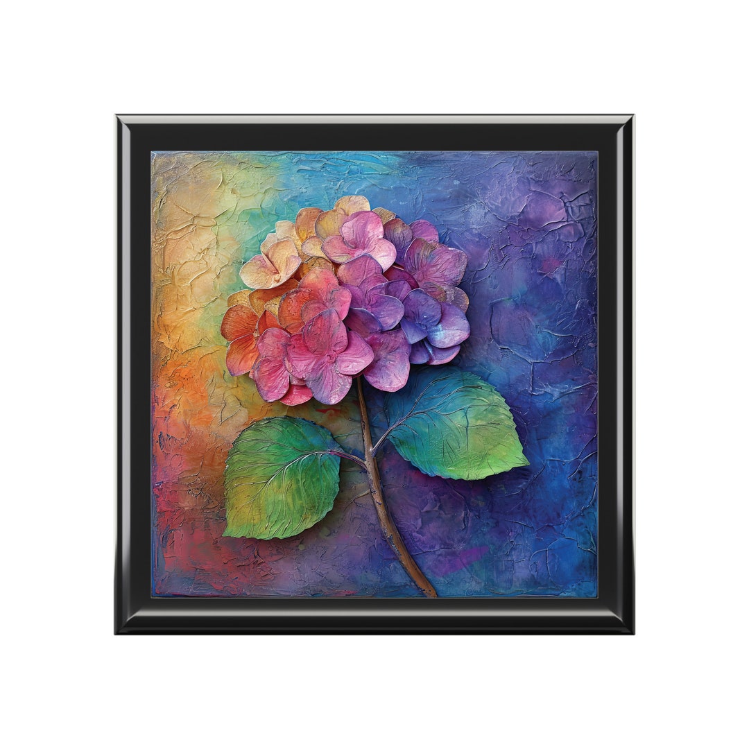 Hydrangea Jewelry Box, Keepsake Box - Wood & Ceramic Tile Top - Oil ...