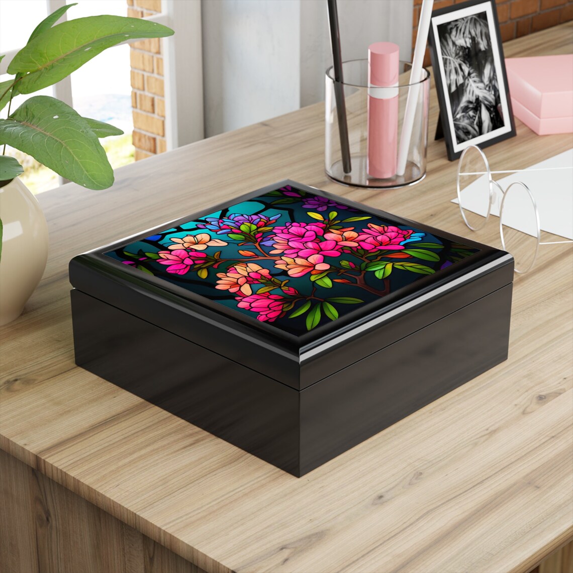 Azalea Jewelry Box, Keepsake Box - Wood & Ceramic Tile Top - Bright ...