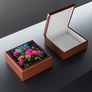 Azalea Jewelry Box, Keepsake Box Wood & Ceramic Tile Top Bright Floral ...