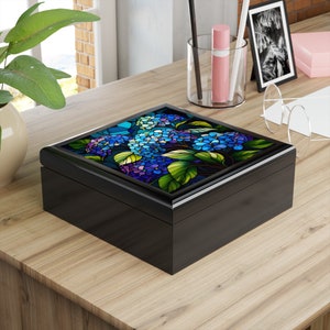 Hydrangea Jewelry Box, Keepsake Box - Wood & Ceramic Tile Top - Faux ...