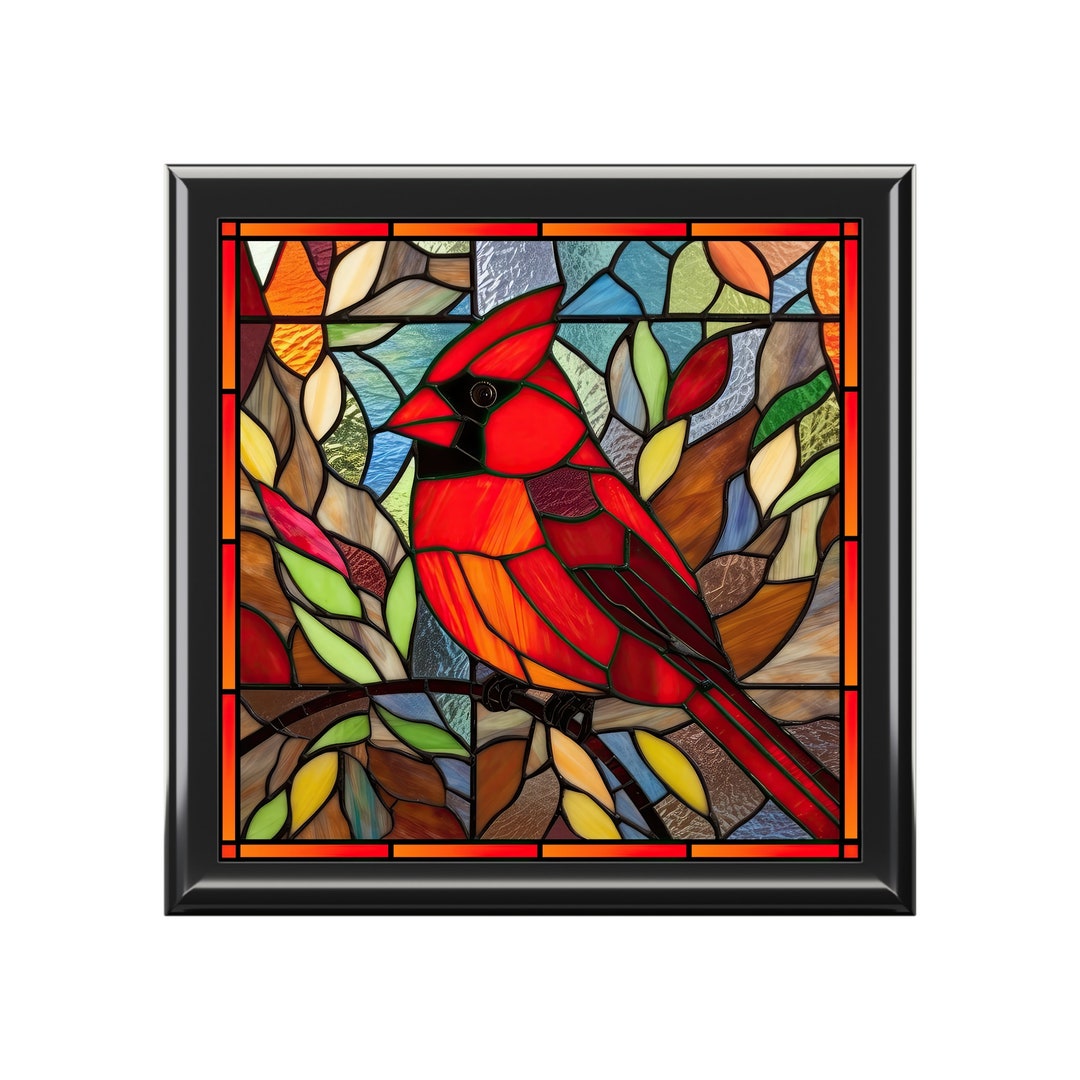 Cardinal Jewelry Box, Keepsake Box - Wood & Ceramic Tile Top - Faux ...