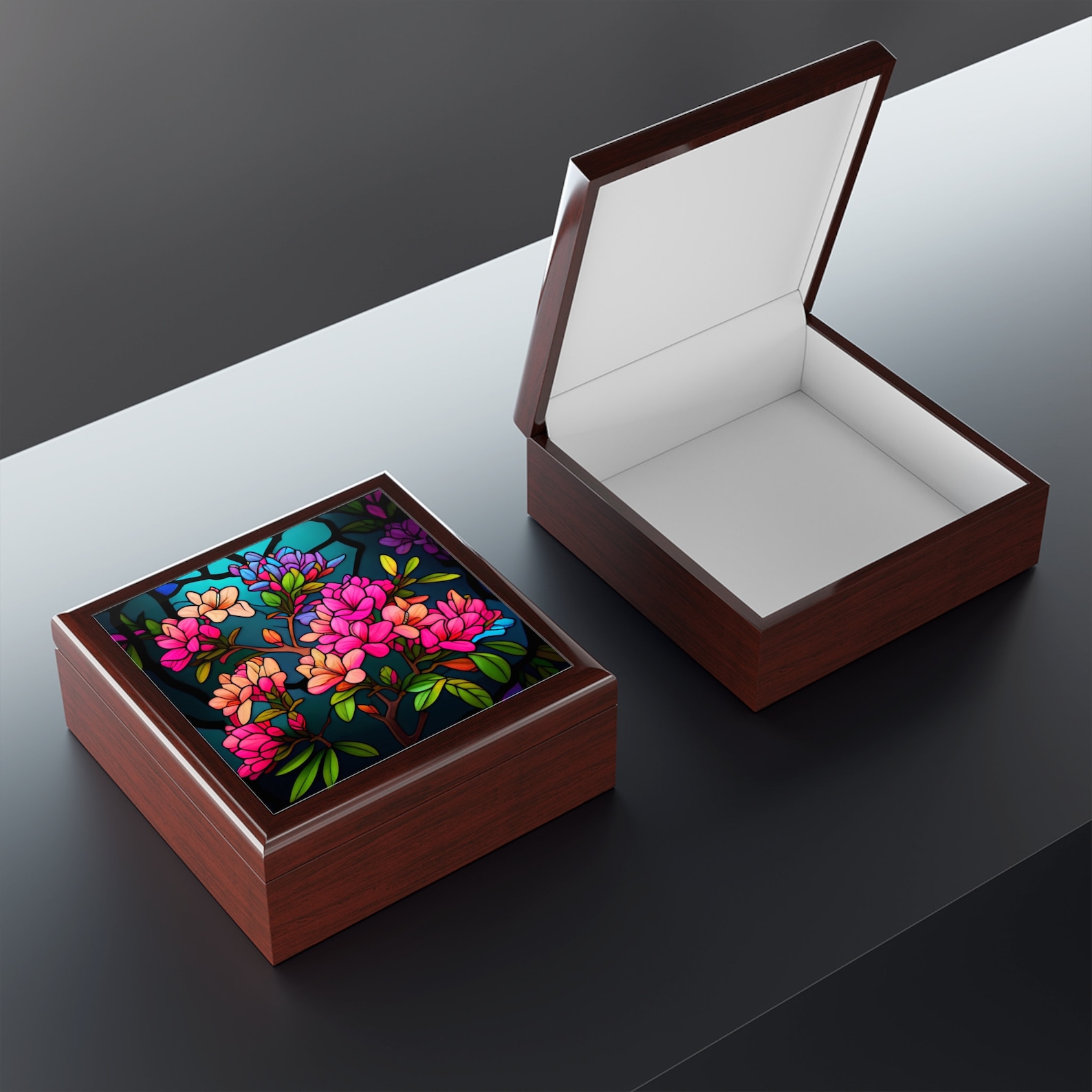 Azalea Jewelry Box, Keepsake Box - Wood & Ceramic Tile Top - Bright ...