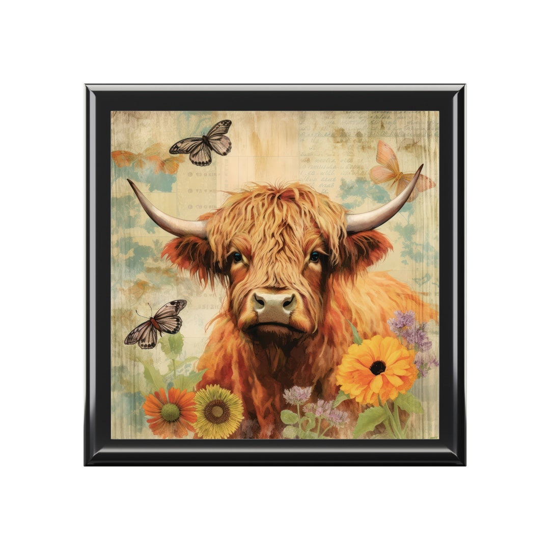Highland Cow Jewelry Box, Keepsake Box - Wood & Ceramic Tile Top ...