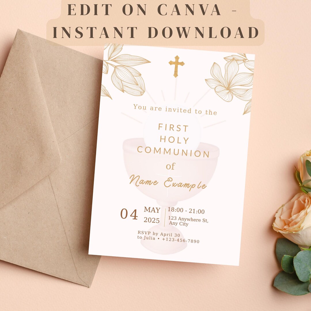Editable First Communion Invitation | Catholic Printable | Blush & Gold ...