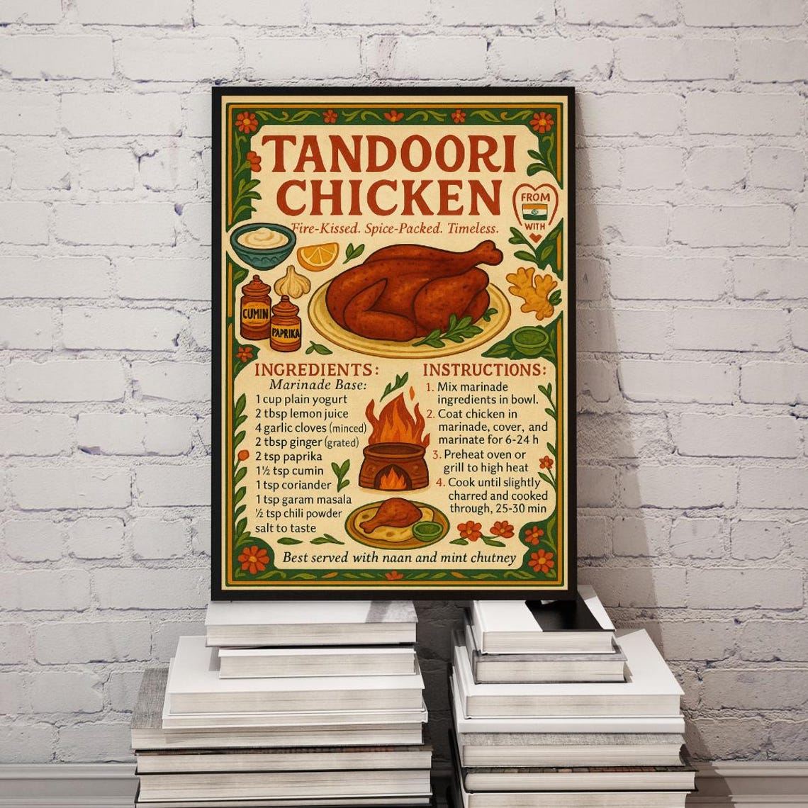 Tandoori Chicken Illustrated Recipe Poster | Indian Food Kitchen Wall ...