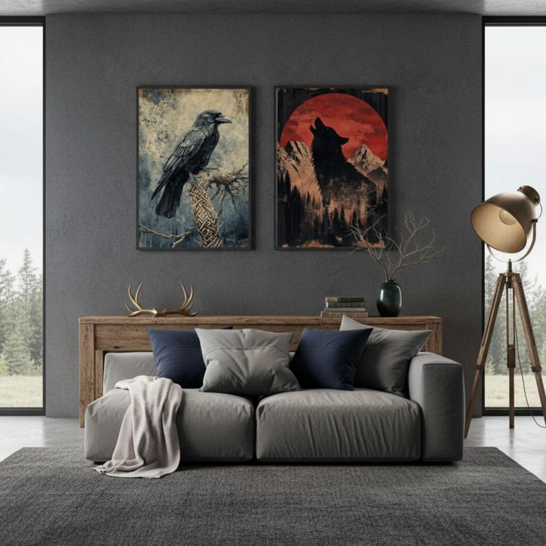Viking Raven Wolf Set of 2 Prints, Norse Mythology Wall Art | Digital ...