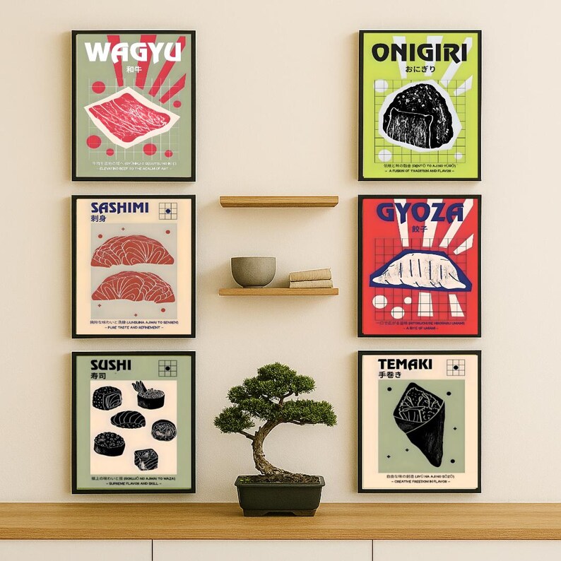 Modern Japanese Food Poster Set of 6 – Sushi, Wagyu, Gyoza, Sashimi ...
