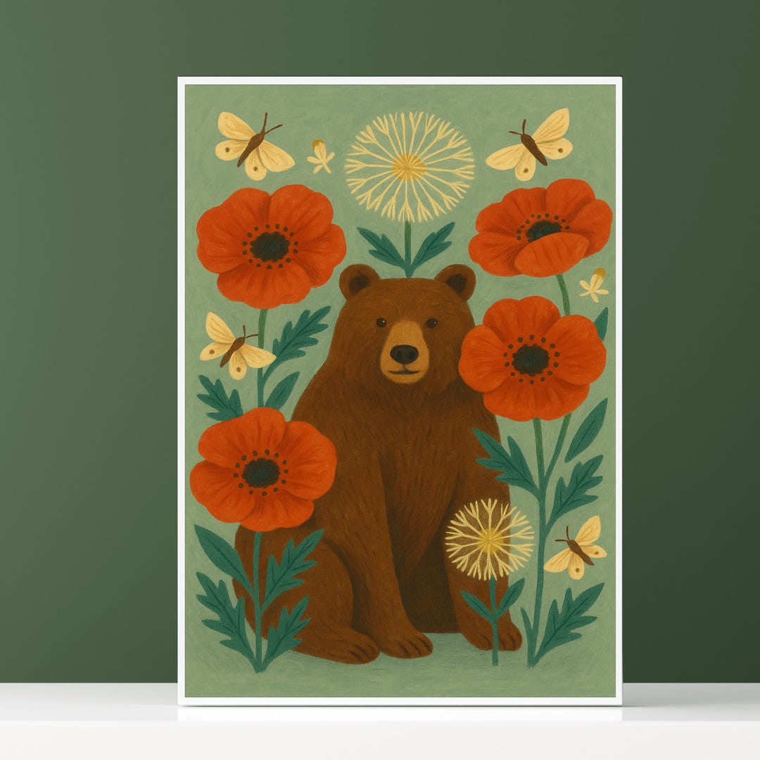 Bear Wall Art Printable | Rustic Forest Animal Illustration | Floral ...