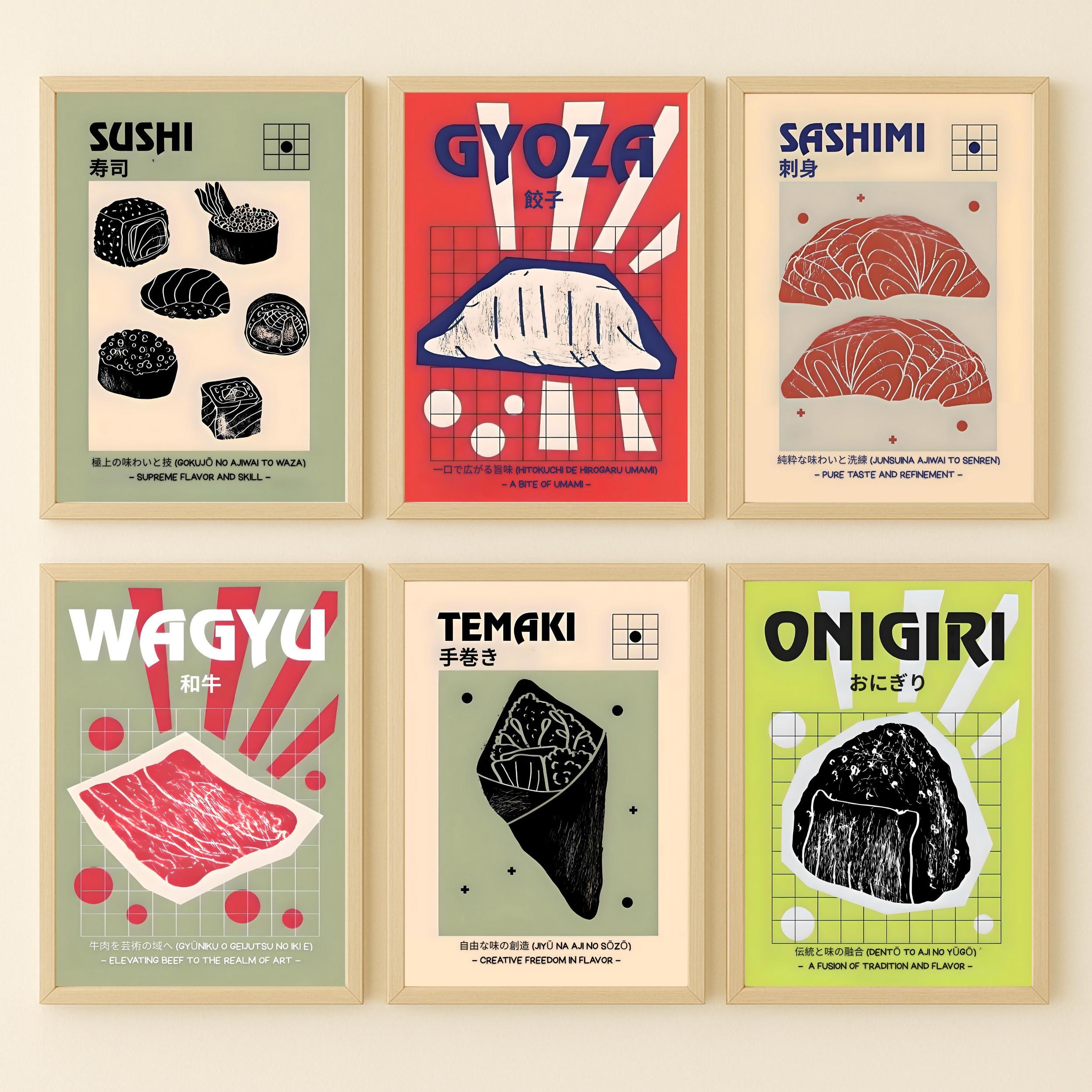 Modern Japanese Food Poster Set of 6 – Sushi, Wagyu, Gyoza, Sashimi ...