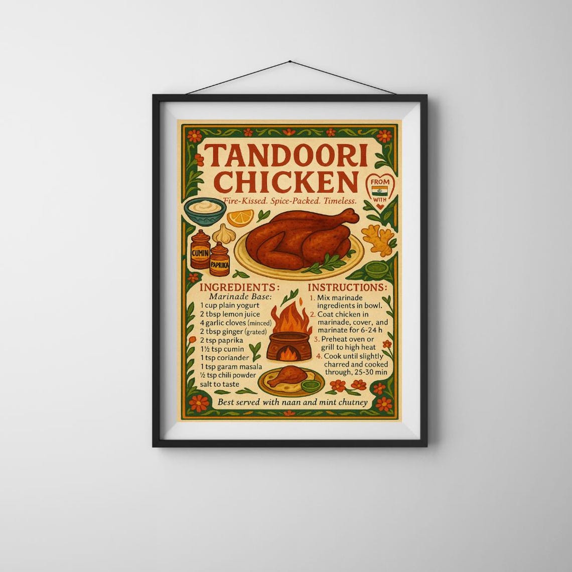 Tandoori Chicken Illustrated Recipe Poster | Indian Food Kitchen Wall ...