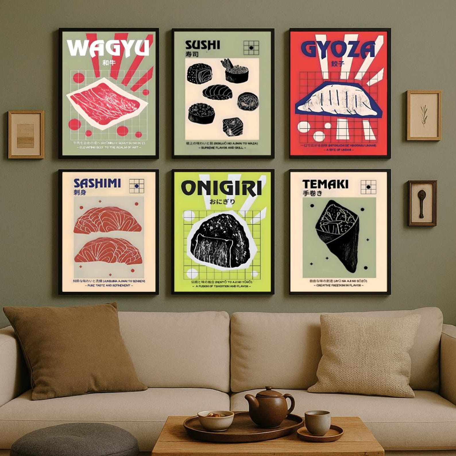 Modern Japanese Food Poster Set of 6 – Sushi, Wagyu, Gyoza, Sashimi ...