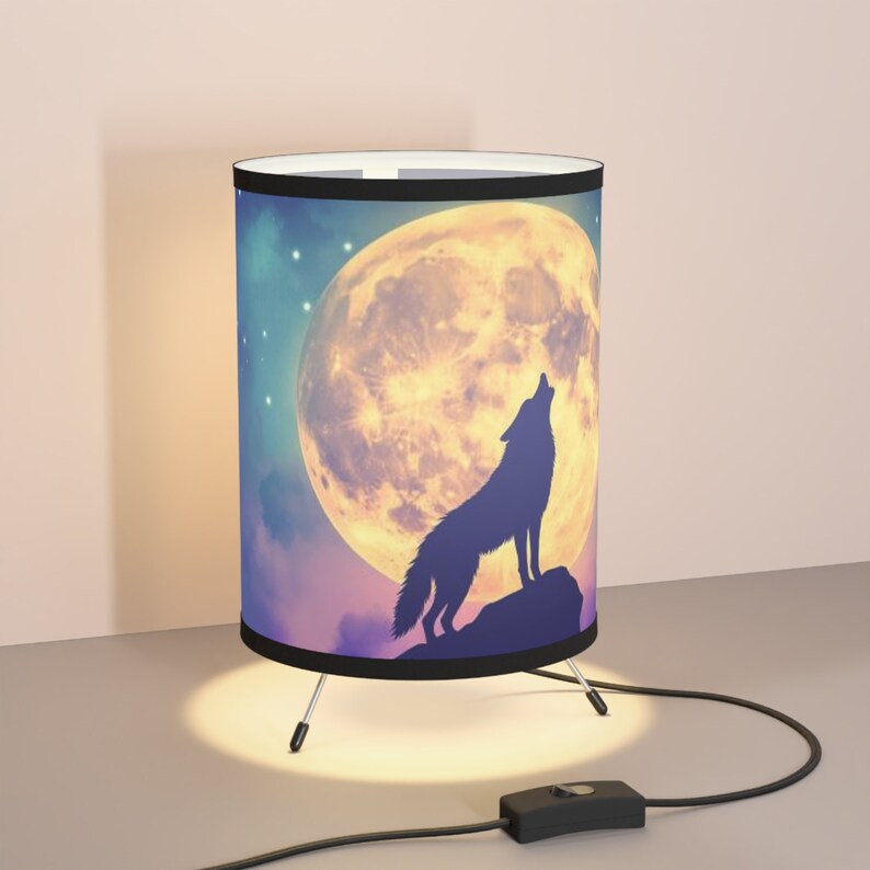 Howling Wolf Full Moon Tripod Lamp Printed Shade With Night Sky Design ...